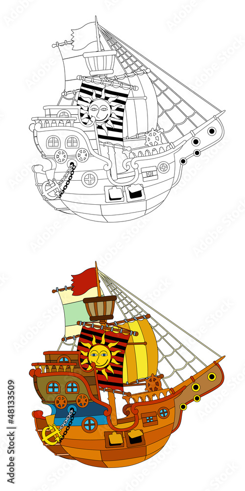 The coloring page - pirate ship Stock Illustration | Adobe Stock