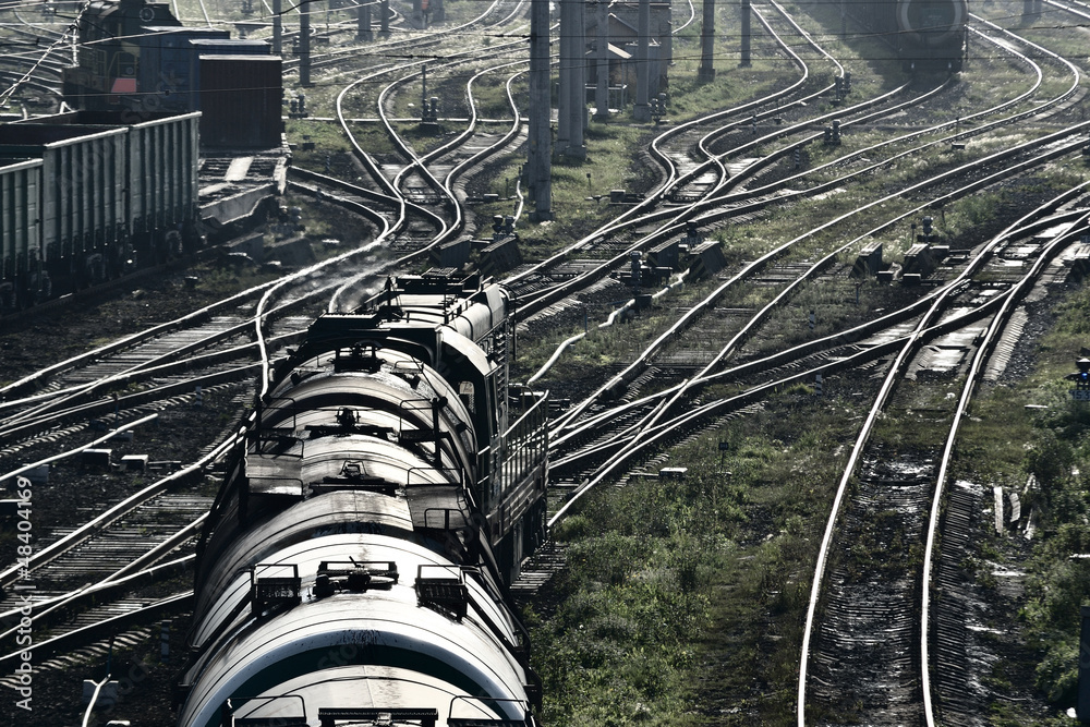 cargo train and industrial railroad view Stock Photo | Adobe Stock