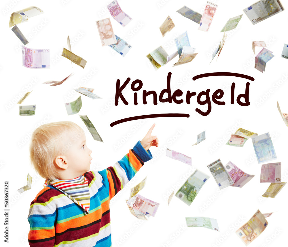 Kind mit Geldscheinen zeigt auf Kindergeld Stock Photo | Adobe Stock