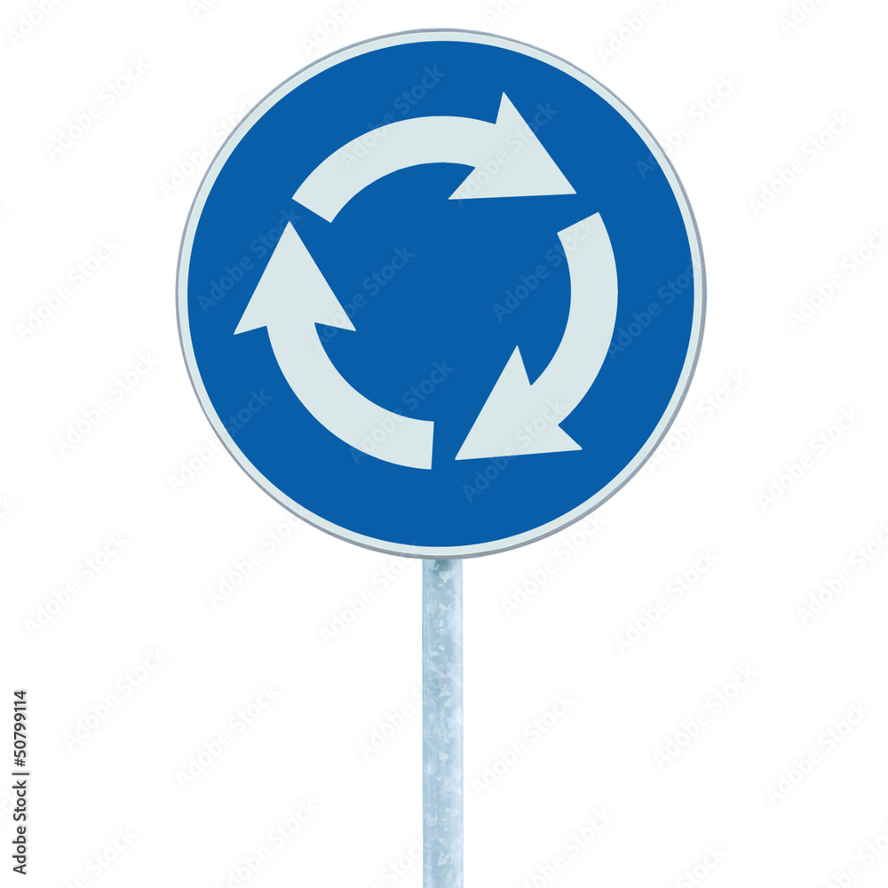 Roundabout crossroad road traffic sign isolated blue white arrow Stock ...