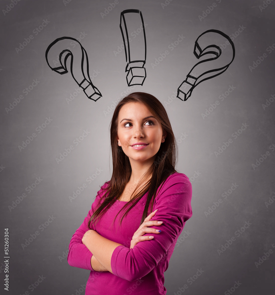 Young lady thinking with question marks overhead Stock Photo | Adobe Stock