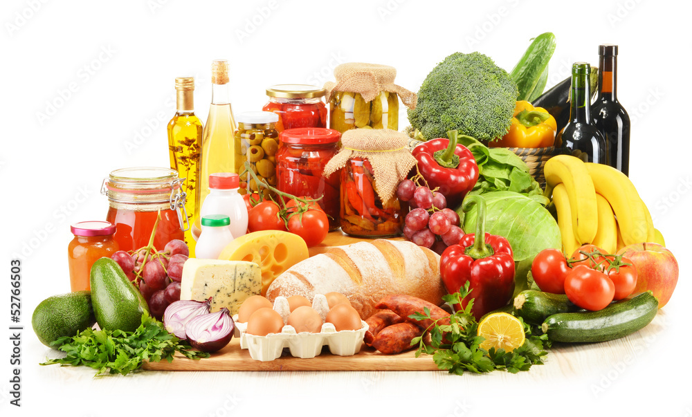 Photo Stock Assorted grocery products isolated on white | Adobe Stock