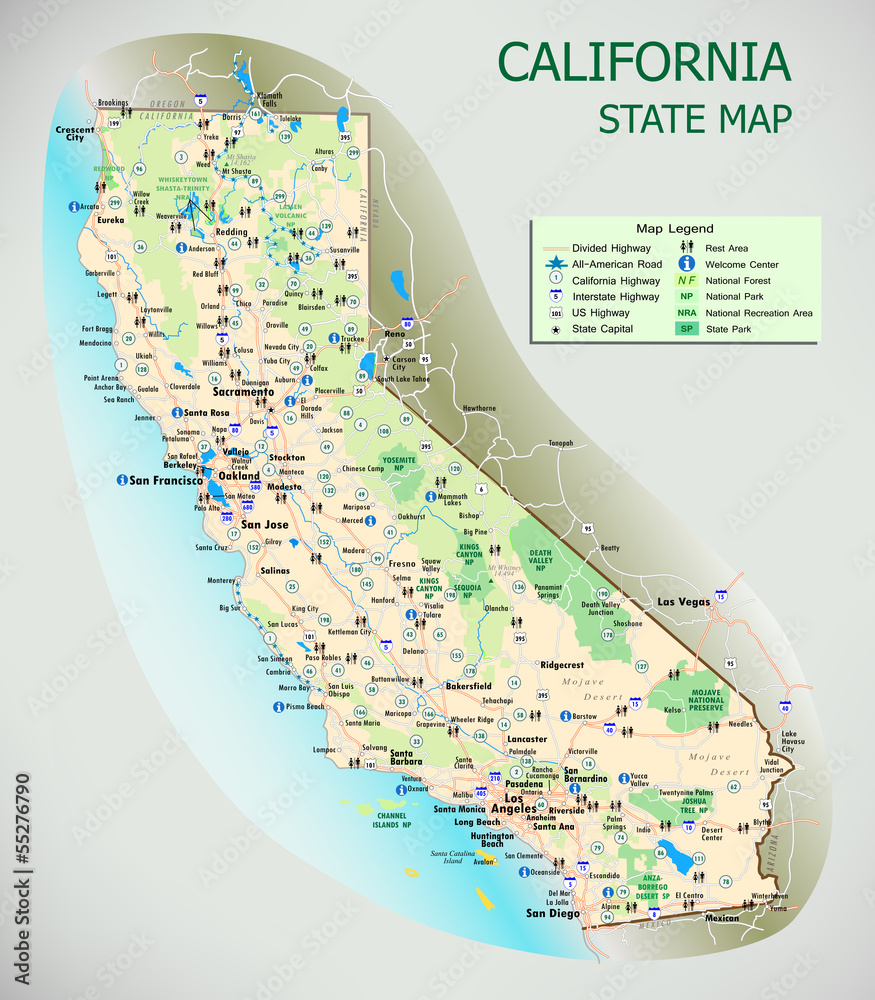 California State Map. Roads - cities - national parks - Tourist Stock ...