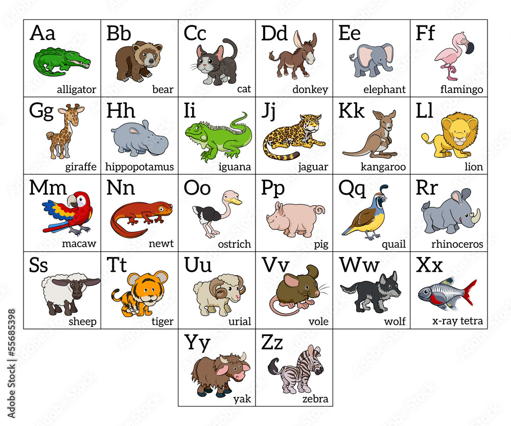 Cartoon Animal Alphabet Chart Stock Vector | Adobe Stock