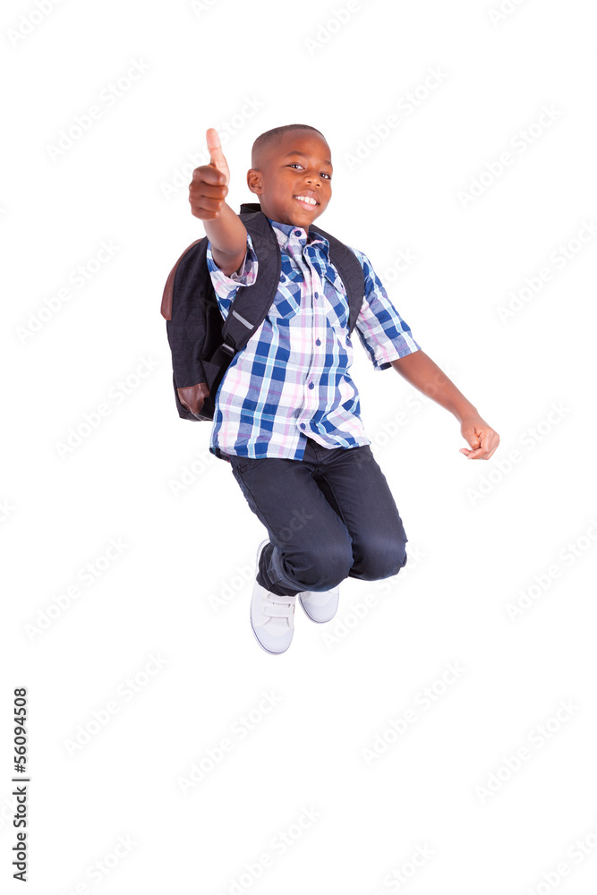 African American school boy jumping and making thumbs up - Black Stock ...
