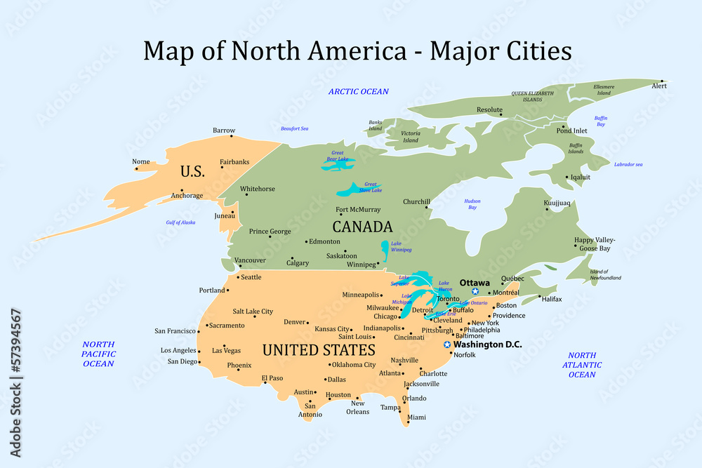 Map of North America - Major Cities Stock Vector | Adobe Stock