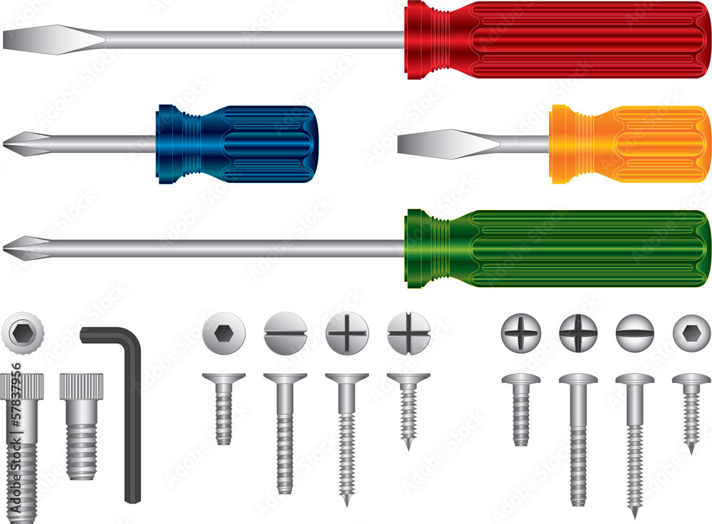 Screws, Screw Driver and Allen Key collection - isolated vector ...