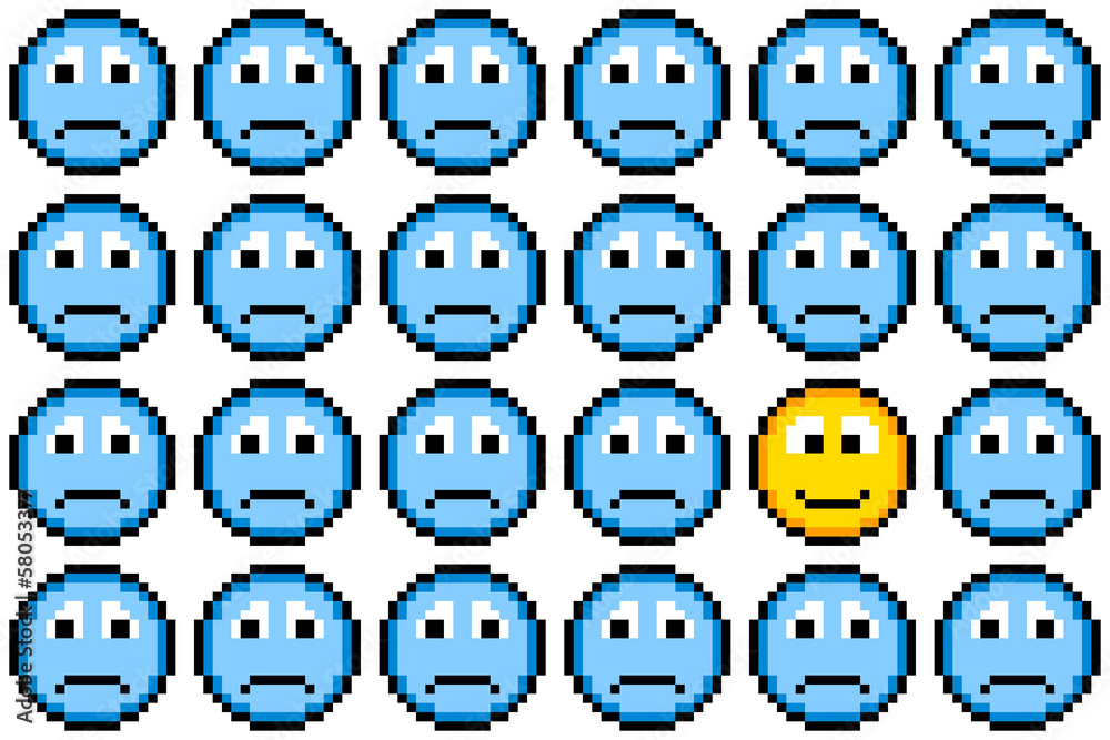 8-bit Pixel Art Sad Faces and One Happy Face Stock Vector | Adobe Stock
