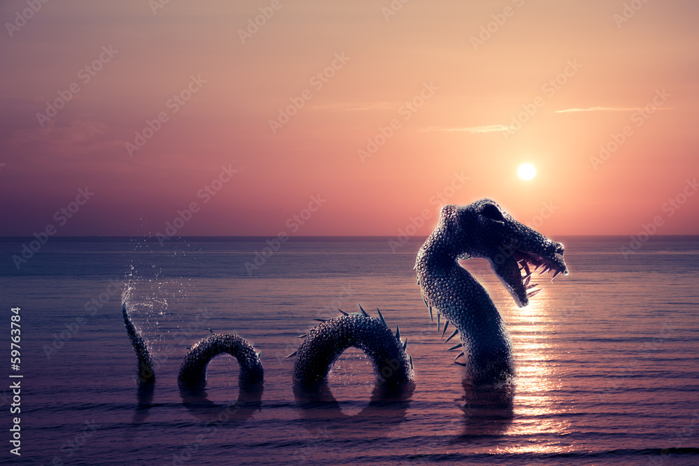 Scary Loch Ness Monster emerging from water Stock Illustration | Adobe Stock