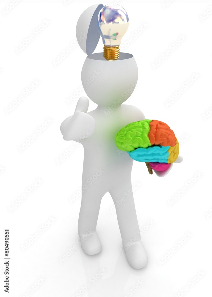 3d people - man with half head, brain and trumb up. Idea concept Stock ...
