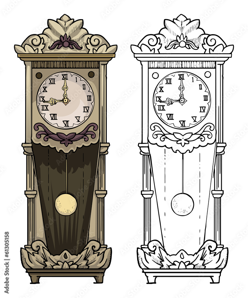 Old clock drawing, colored and outline Stock Vector | Adobe Stock