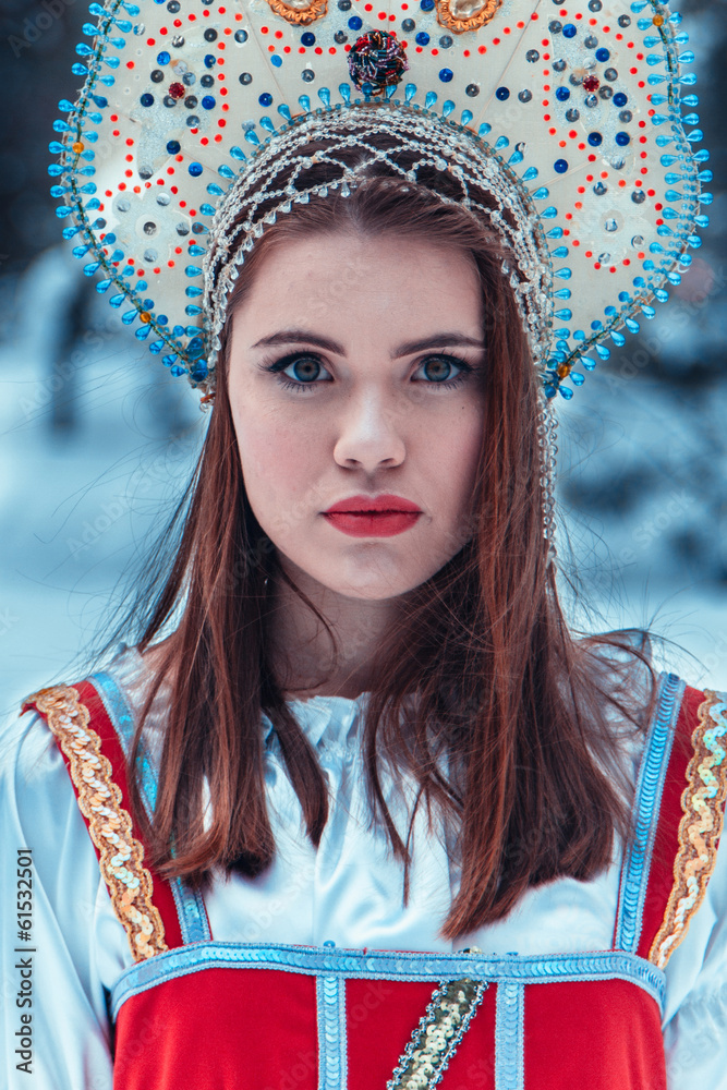 close up portrait woman in russian style in wood. Russian girl in ...
