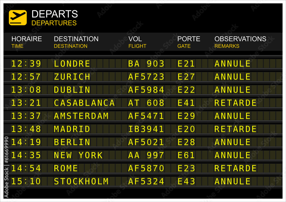 Tableau des départs de vol dans un aéroport Stock Illustration | Adobe ...