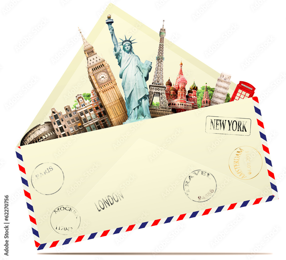 Travel in the envelope, the letter to the tourist attractions Stock ...