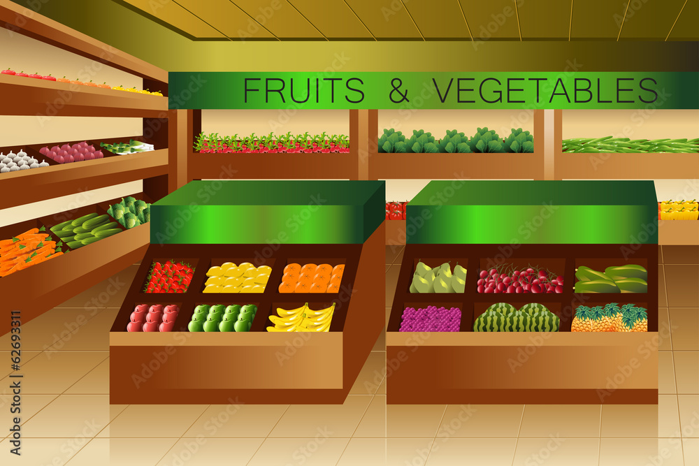 Grocery store: fruits and vegetables section Stock Vector | Adobe Stock