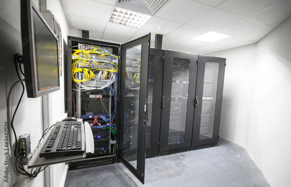 Modern server room interior with black computer cabinets and use Stock ...