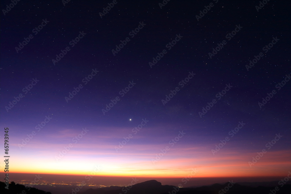 Landscape of sunrise in the morning with star in the sky Stock Photo ...