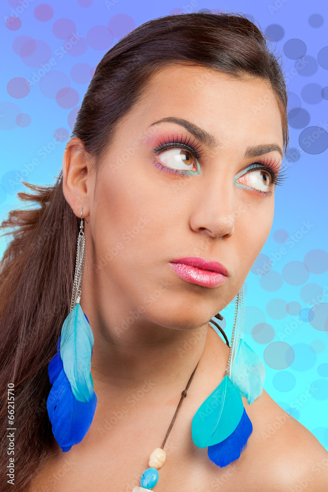 Sexy young brunette with blue ear and coloured background Stock Photo ...