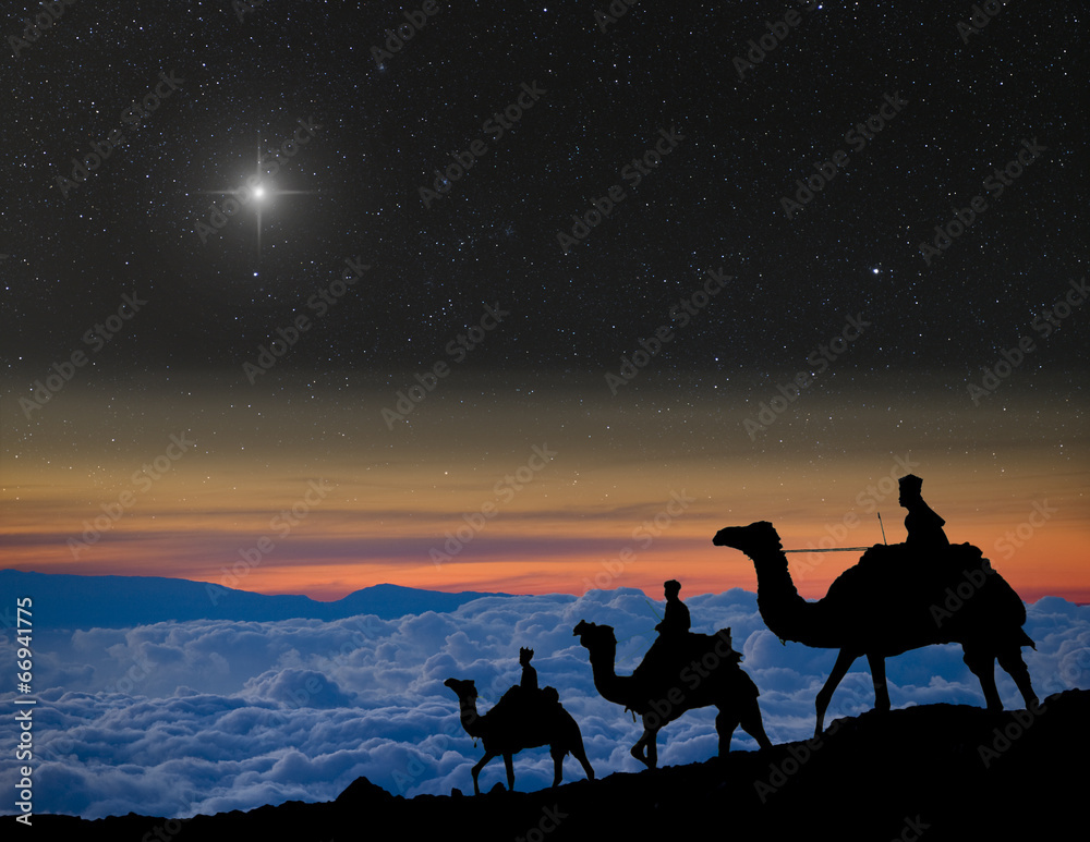 The 3 wise men follow Christmas star over the mountains. Stock Photo ...