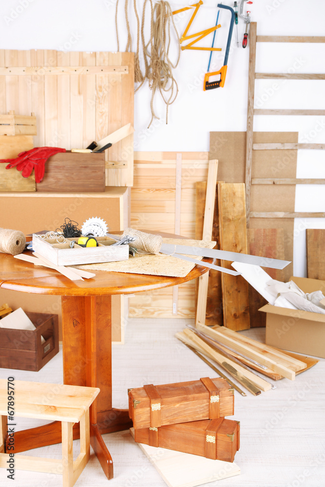Working tools on desk, in workshop Stock Photo | Adobe Stock