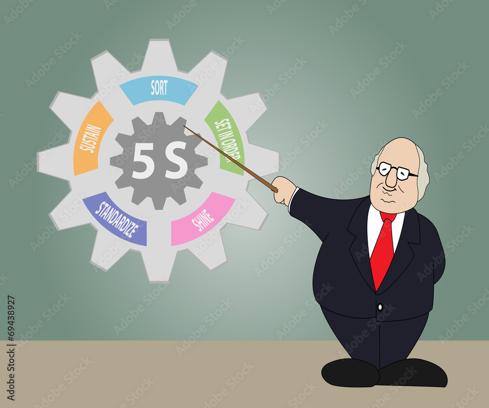 Old Man standing presentation gear of 5S Kaizen circle Stock ...