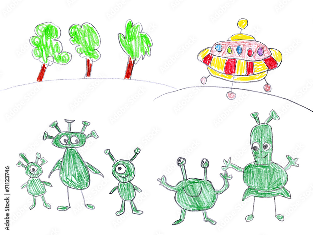 Child's drawing of alien landing on Earth. Stock Illustration | Adobe Stock