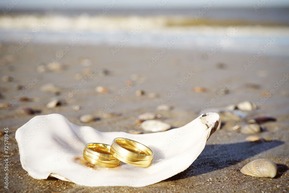 Gold wedding rings at the beach on a seashell North Sea Coast. Beach ...