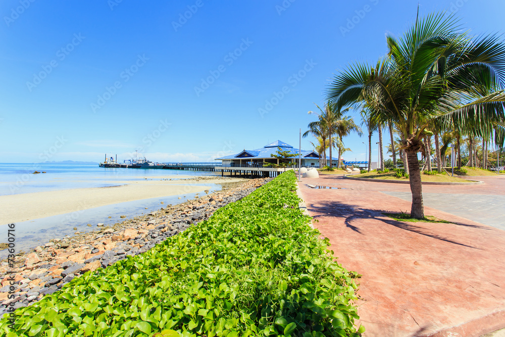 SURATTHANI - JULY 16 : A long ferry concrete pier. The main pier Stock ...