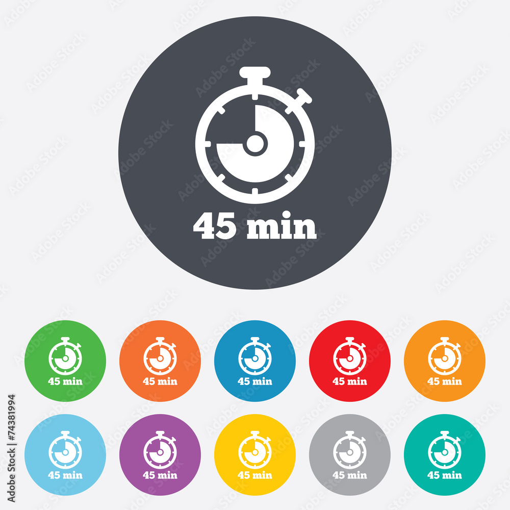 Timer sign icon. 45 minutes stopwatch symbol. Stock Vector | Adobe Stock