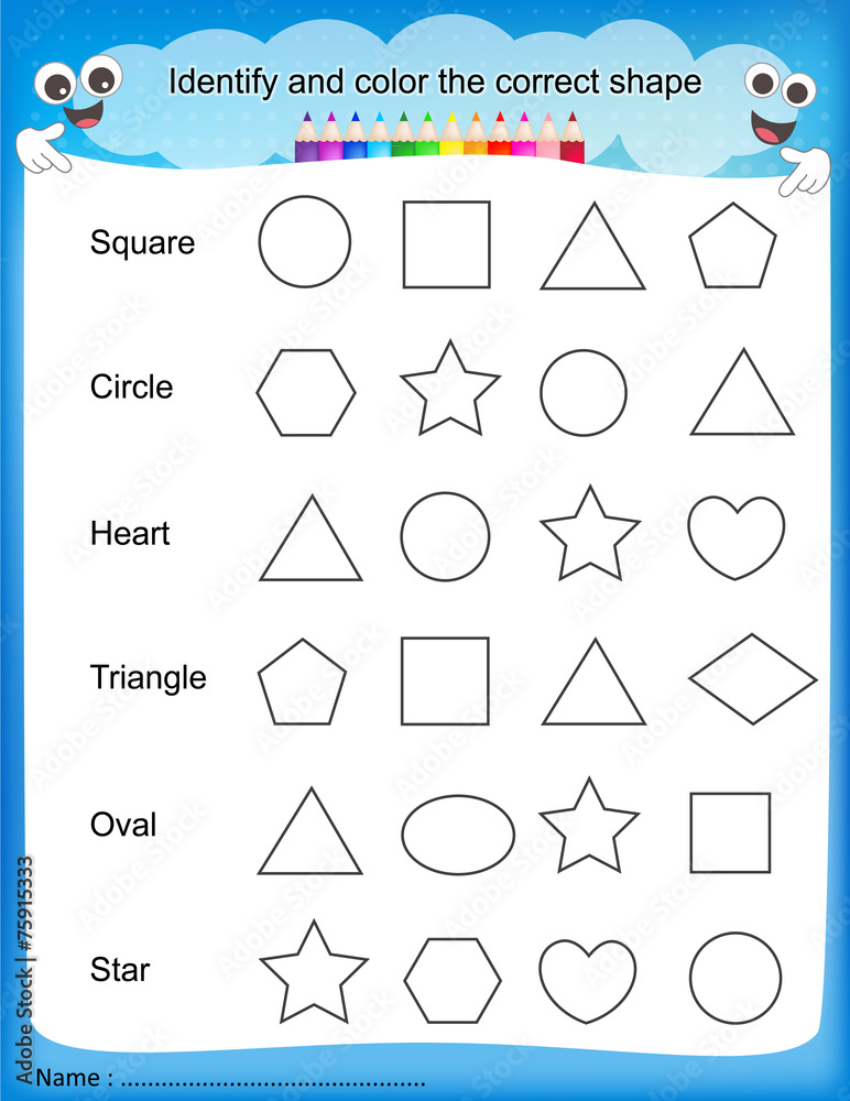 Identify and color the correct shape worksheet Stock Vector | Adobe Stock