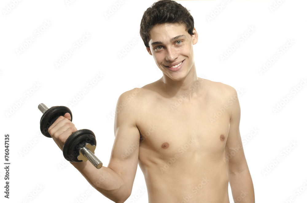 Skinny man training his bicep muscle with a dumbbell, fitness Stock ...