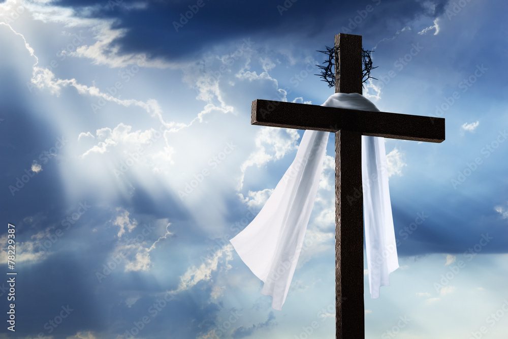 Easter Cross with Crown of Thorns Burial Cloth and Sunbeams Stock Photo ...