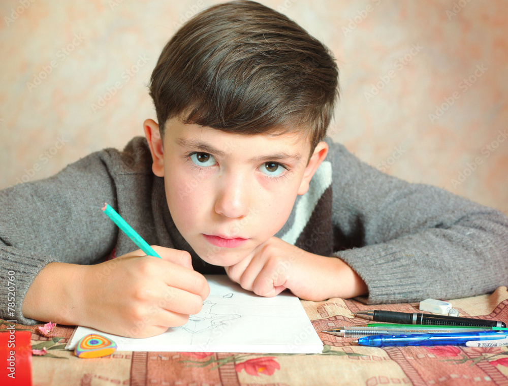 preteen handsome boy drawing with colored pencils and crayons Stock ...