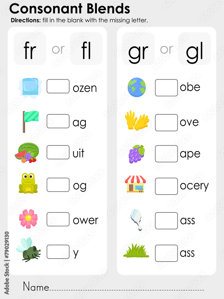 Consonant Blends : missing letter - Worksheet for education Stock ...