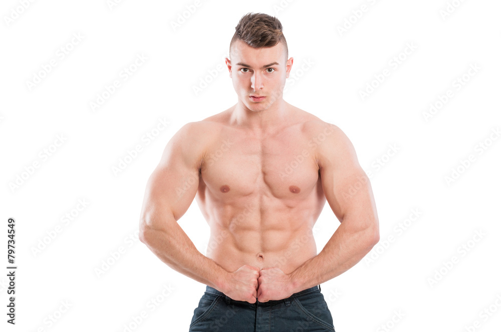 Muscular male model flexing abs and arms Stock Photo | Adobe Stock
