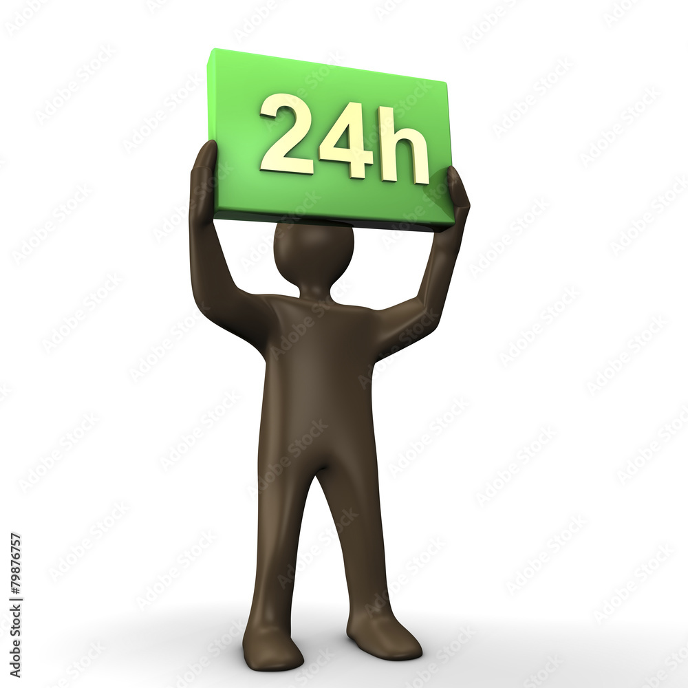 Schwarzes Cartoon Männchen hält grünes Schild "24h" Stock Illustration ...