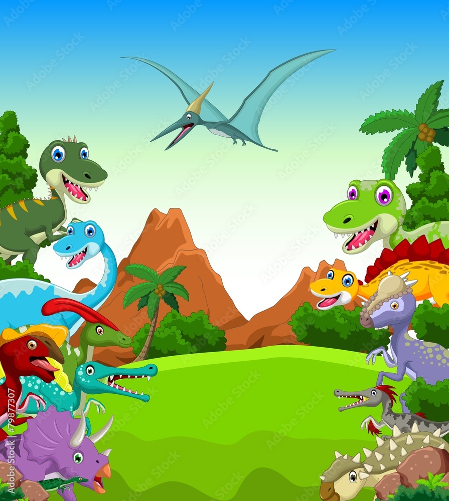 Dinosaur cartoon with landscape background Stock Vector | Adobe Stock