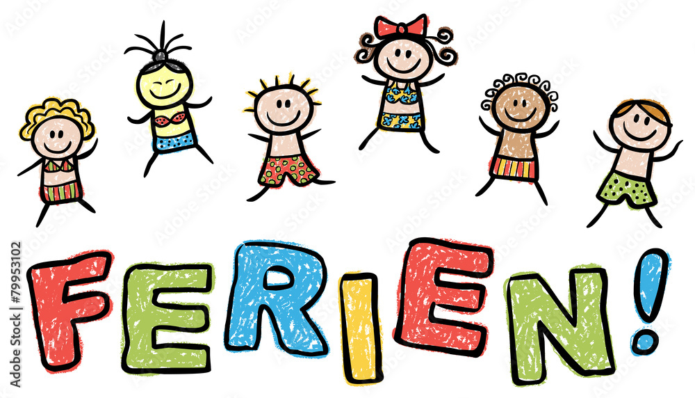Schriftzug „ferien!“ Mit Springenden Badenden / Handgezeichnet - Stock ...