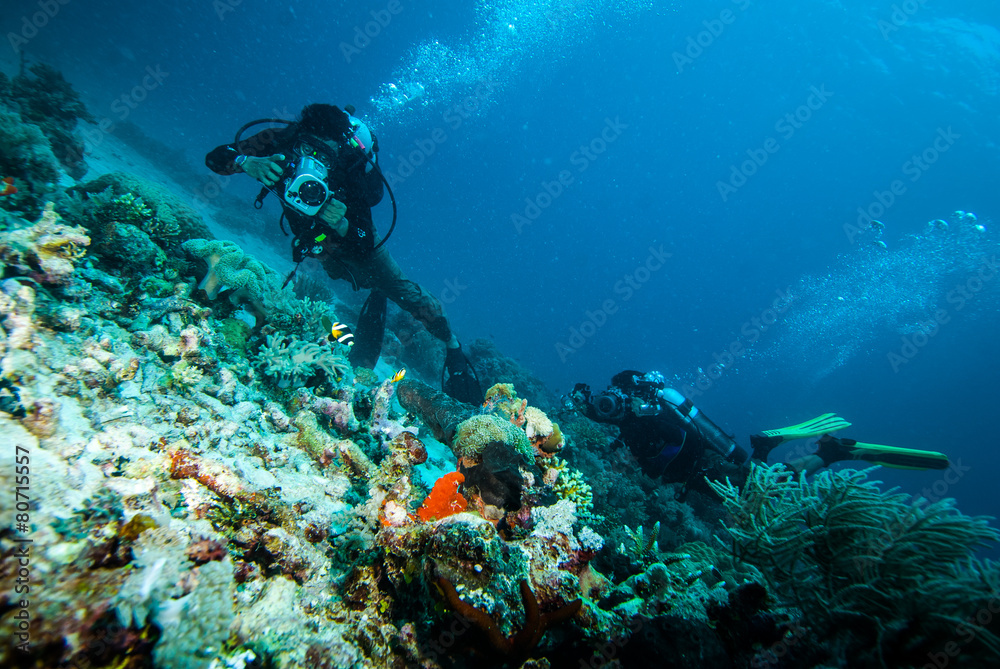 diver take a photo video coral kapoposang indonesia scuba diving Stock ...