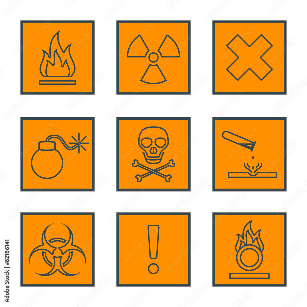orange square black outline hazardous waste symbols warning sign Stock ...
