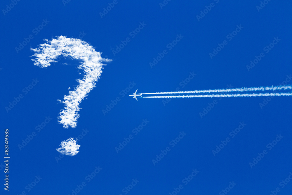 jet airplane on blue sky, question mark in the sky Stock Photo | Adobe ...