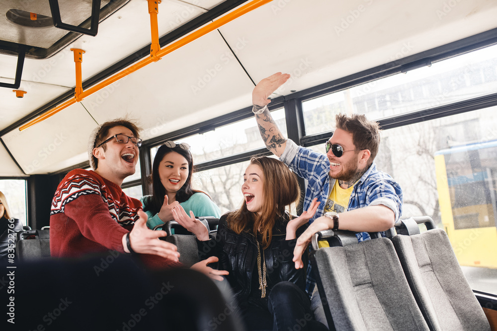 Friends on the bus ride to travel. give five, Stock Photo | Adobe Stock