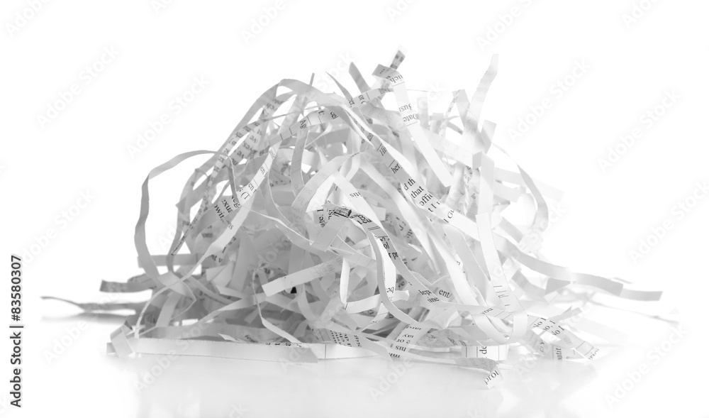 Strips of destroyed paper from shredder isolated on white Stock Photo ...