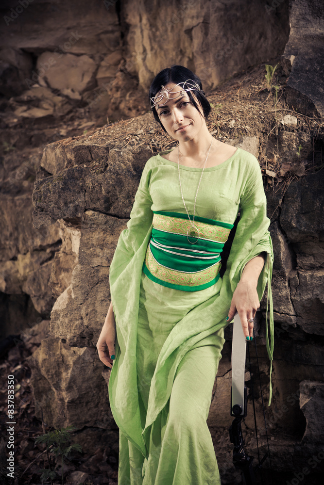 Elf woman with the magic bow on the rocks background. Stock Photo ...