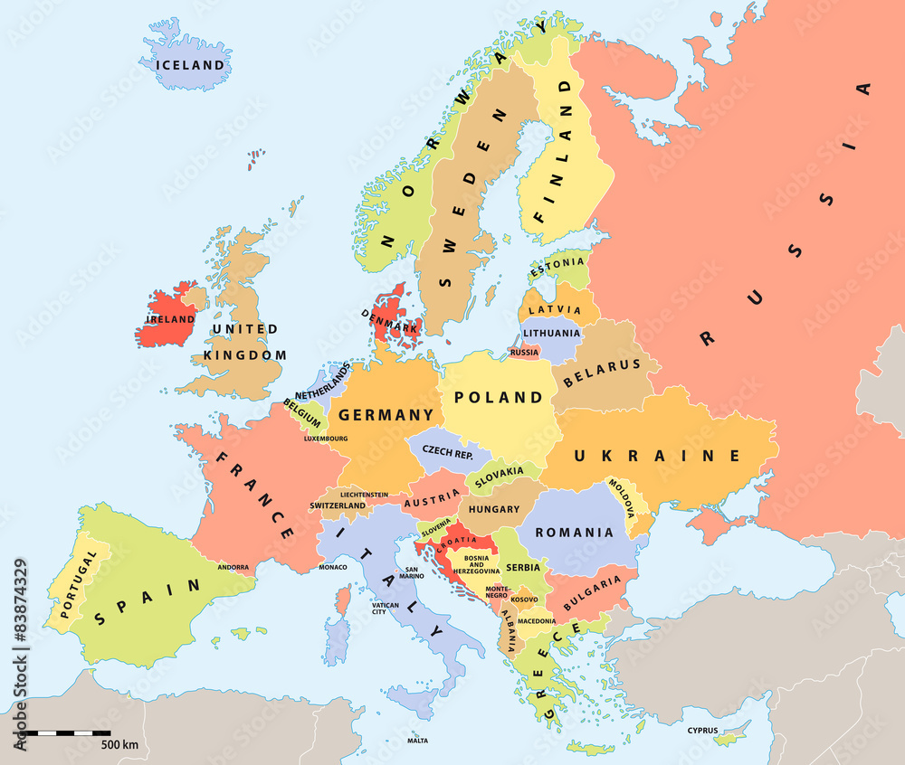 Europe political map 2015 with labels and map scale. Stock Vector ...