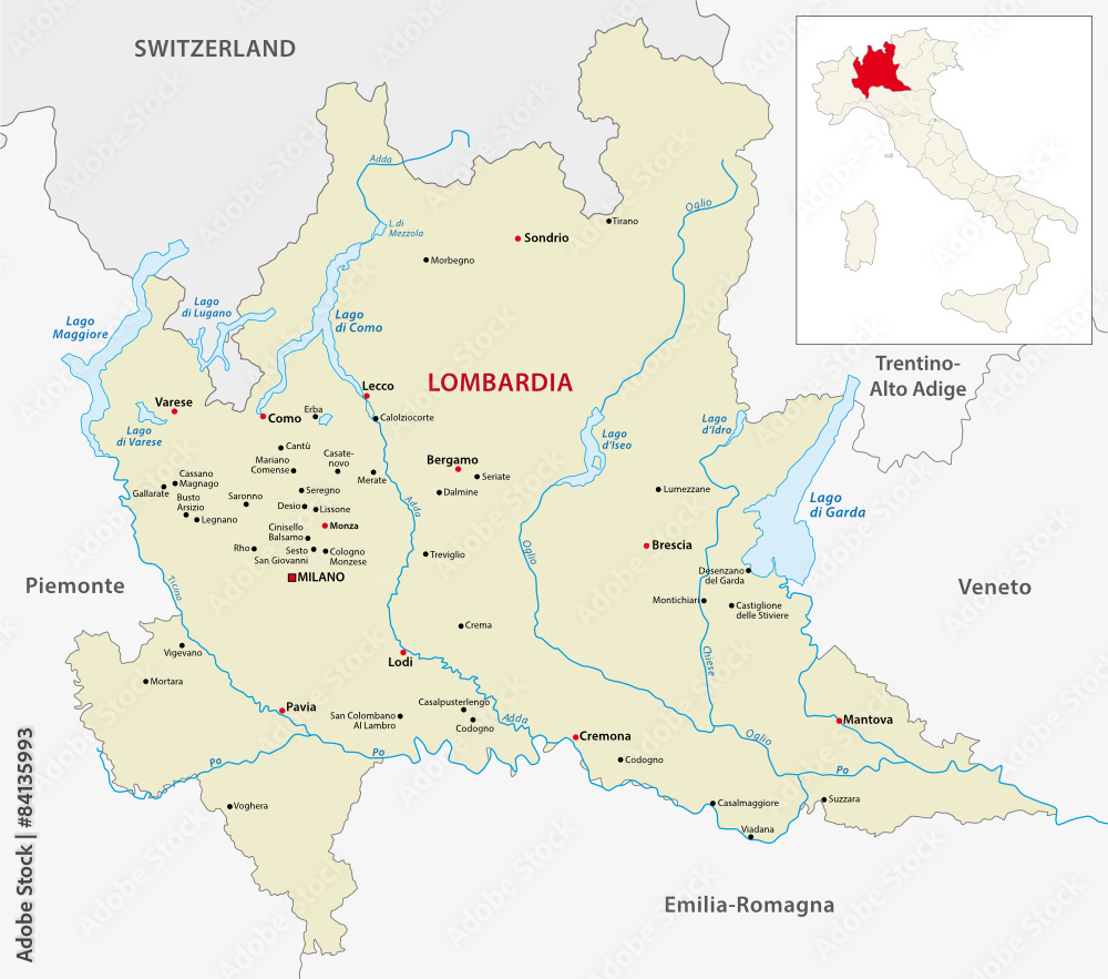 lombardy map with outline map italy Stock Vector | Adobe Stock