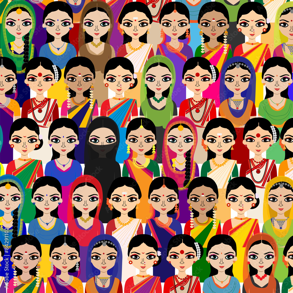 Big crowd of Indian women vector avatars detailed illustration - Indian ...