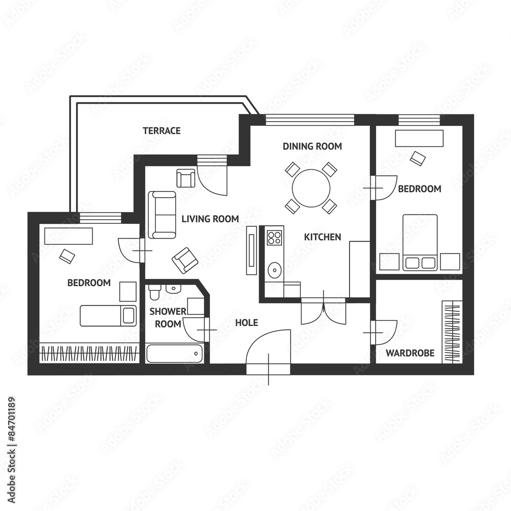 Vector Architect plan with a furniture Flat Design Stock Vector | Adobe ...