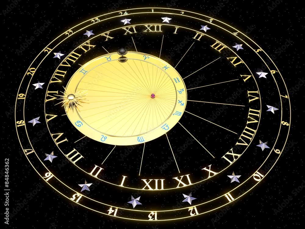 Astronomical clock in gold with zodiac signs Stock Illustration | Adobe ...