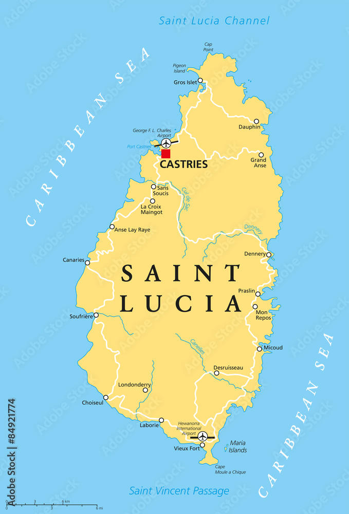 Saint Lucia Political Map with capital Castries and important places ...